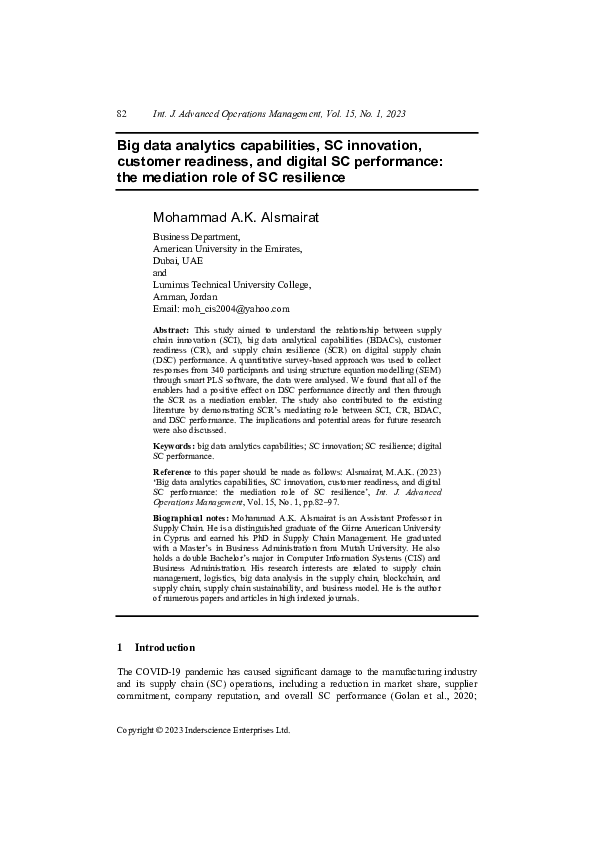 (PDF) Big data analytics capabilities, SC innovation, customer readiness, and digital SC ...