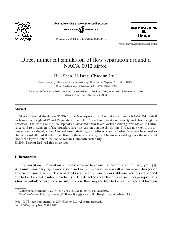 (PDF) Direct numerical simulation of flow separation around a NACA 0012 airfoil