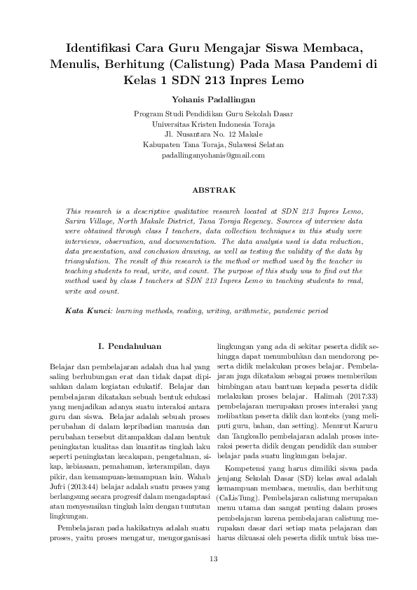 (PDF) Identifikasi Cara Guru Mengajar Siswa Membaca, Menulis, Berhitung ...