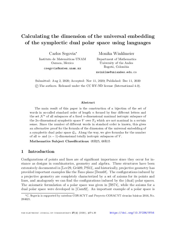 Pdf Calculating The Dimension Of The Universal Embedding Of The Symplectic Dual Polar Space