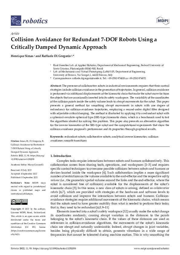 (PDF) Collision Avoidance for Redundant 7-DOF Robots Using a Critically ...