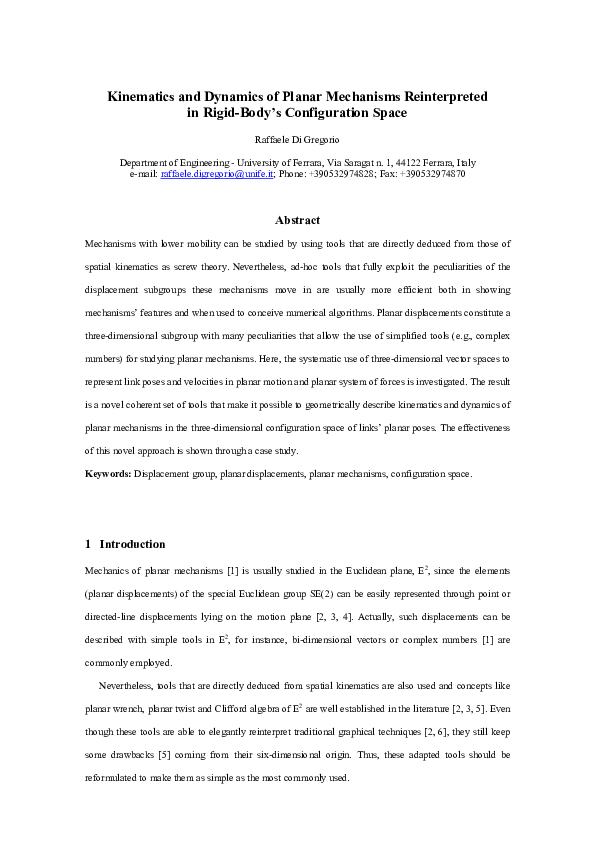 (PDF) Kinematics and dynamics of planar mechanisms reinterpreted in rigid-body’s configuration space