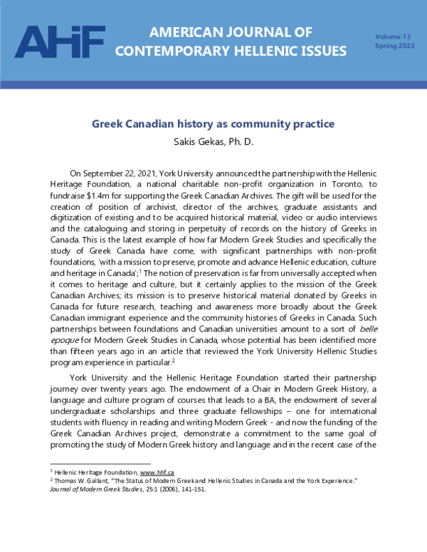 (PDF) Greek Canadian history as community practice