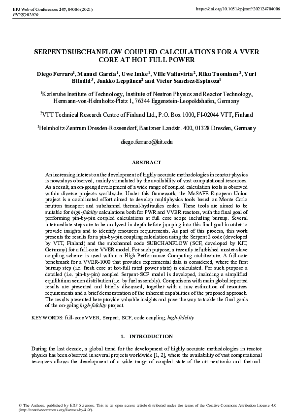 (PDF) Serpent/Subchanflow Coupled Calculations for a Vver Core at Hot Full Power