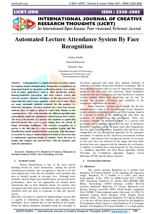 Pdf Automated Lecture Attendance System By Face Recognition