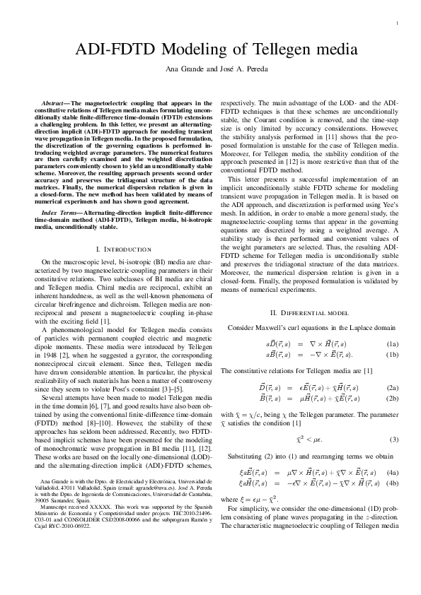 Pdf Adi Fdtd Modeling Of Tellegen Media Antonio Pereda