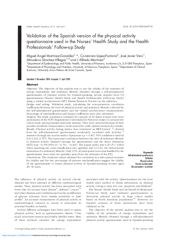(PDF) Validation of the Spanish version of the physical activity ...