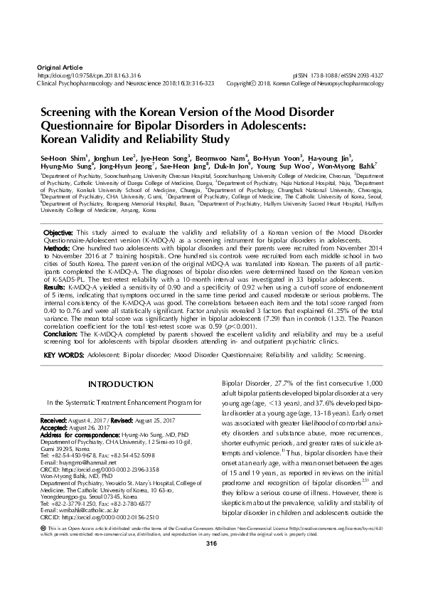 (PDF) Screening with the Korean Version of the Mood Disorder Questionnaire for Bipolar Disorders ...