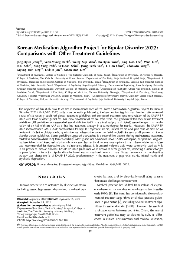 (PDF) Korean Medication Algorithm Project for Bipolar Disorder 2022 ...