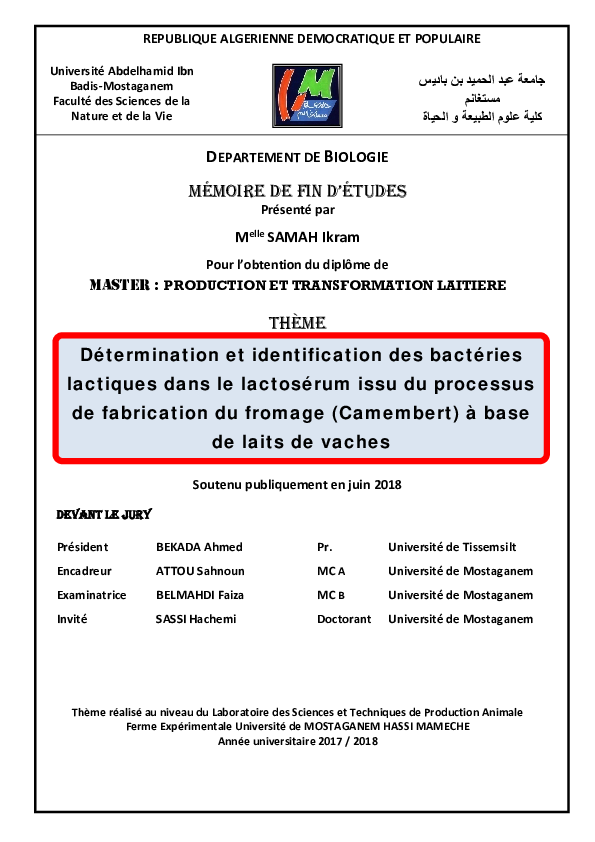 (PDF) Détermination et identification des bactéries lactiques dans le ...