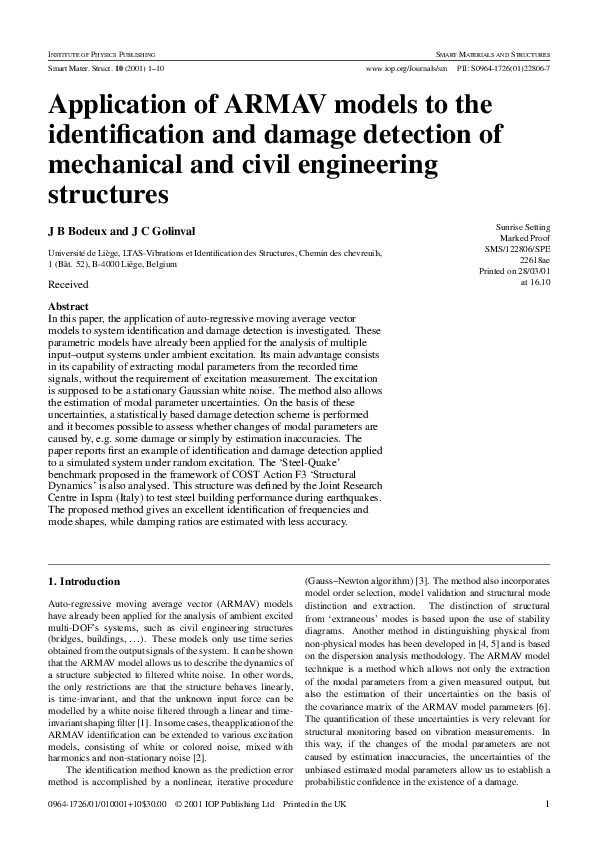(PDF) Application of ARMAV models to the identification and damage detection of mechanical and ...