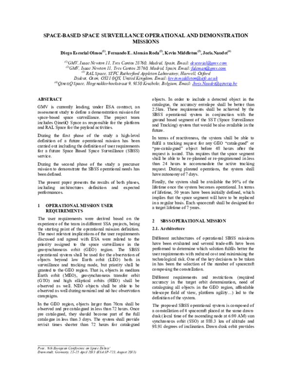 (PDF) Space-Based Space Surveillance Operational and Demonstration Missions | Diego Olmos ...