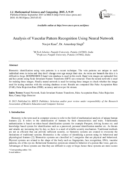 Pdf Analysis Of Vascular Pattern Recognition Using Neural Network Navjot Kaur
