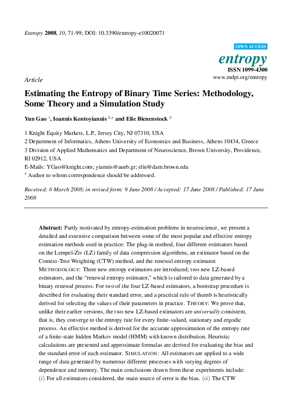 (PDF) Estimating the Entropy of Binary Time Series: Methodology, Some ...