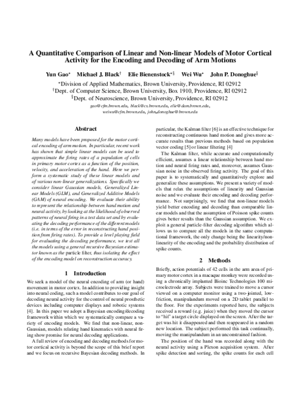 (PDF) A quantitative comparison of linear and non-linear models of motor cortical activity for ...