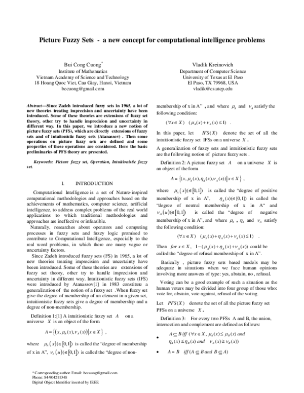 Pdf Picture Fuzzy Sets A New Concept For Computational Intelligence Problems
