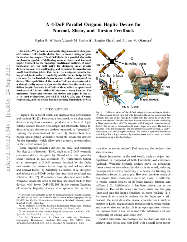 (PDF) A 4-DoF Parallel Origami Haptic Device for Normal, Shear, and Torsion Feedback