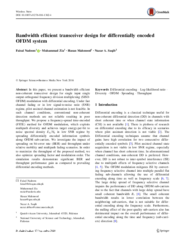 Pdf Bandwidth Efficient Transceiver Design For Differentially Encoded Ofdm System