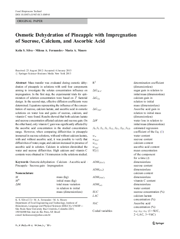 (PDF) Osmotic Dehydration of Pineapple with Impregnation of Sucrose, Calcium, and Ascorbic Acid