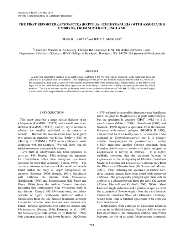 (PDF) The First Reported Leptonectes (Reptilia: Ichthyosauria) with ...