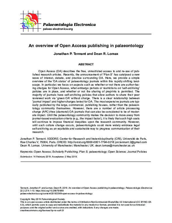 (PDF) An overview of Open Access publishing in palaeontology
