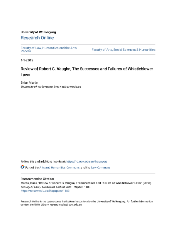 (PDF) Review of Robert G. Vaughn, The Successes and Failures of Whistleblower Laws