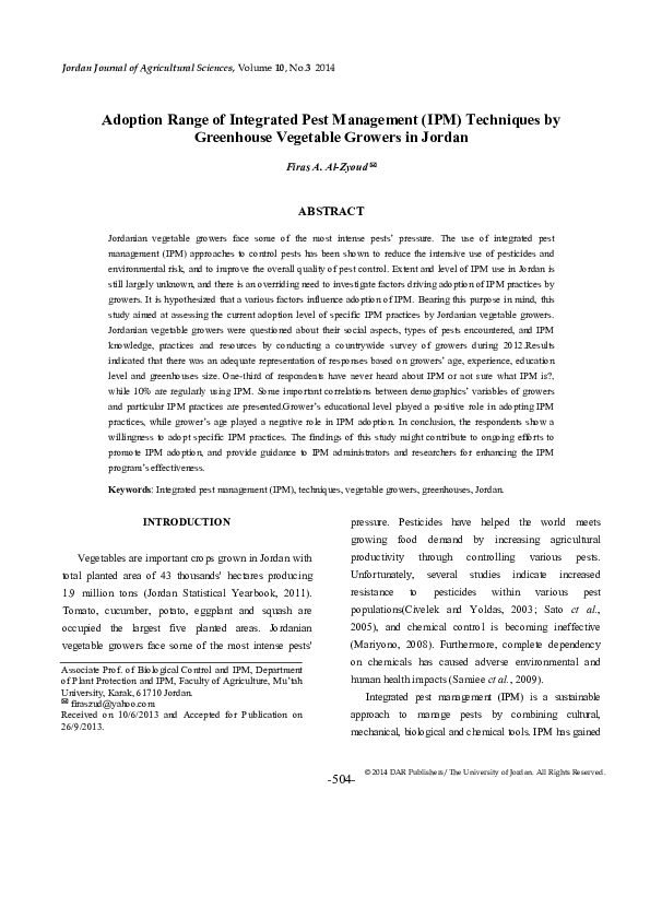 (PDF) Adoption Range of Integrated Pest Management (IPM) Techniques by Greenhouse Vegetable ...