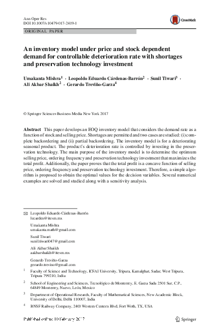 Pdf An Inventory Model Under Price And Stock Dependent Demand For Controllable Deterioration