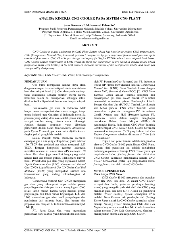 (PDF) Analisa Kinerja CNG Cooler Pada Sistem CNG Plant