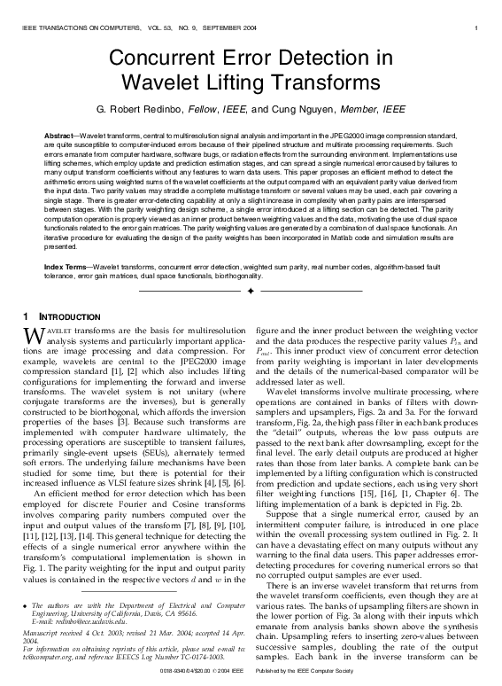 Pdf Concurrent Error Detection In Wavelet Lifting Transforms Cung Nguyen
