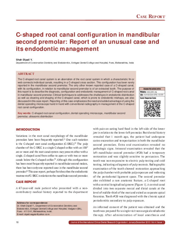 (PDF) C-shaped root canal configuration in mandibular second premolar: Report of an unusual case ...