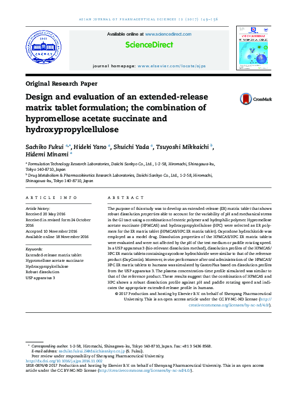 Pdf Design And Evaluation Of An Extended Release Matrix Tablet Formulation The Combination Of