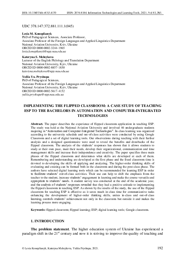 (PDF) Implementing the Flipped Classroom: A Case Study of Teaching Esp to the Bachelors in ...