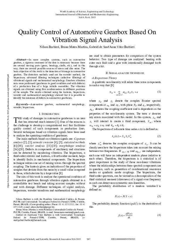 (PDF) Quality Control Of Automotive Gearbox Based On Vibration Signal Analysis