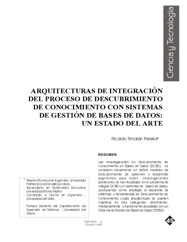 (PDF) Arquitecturas de Integración del Proceso de Descubrimiento de Conocimiento con Sistemas de ...