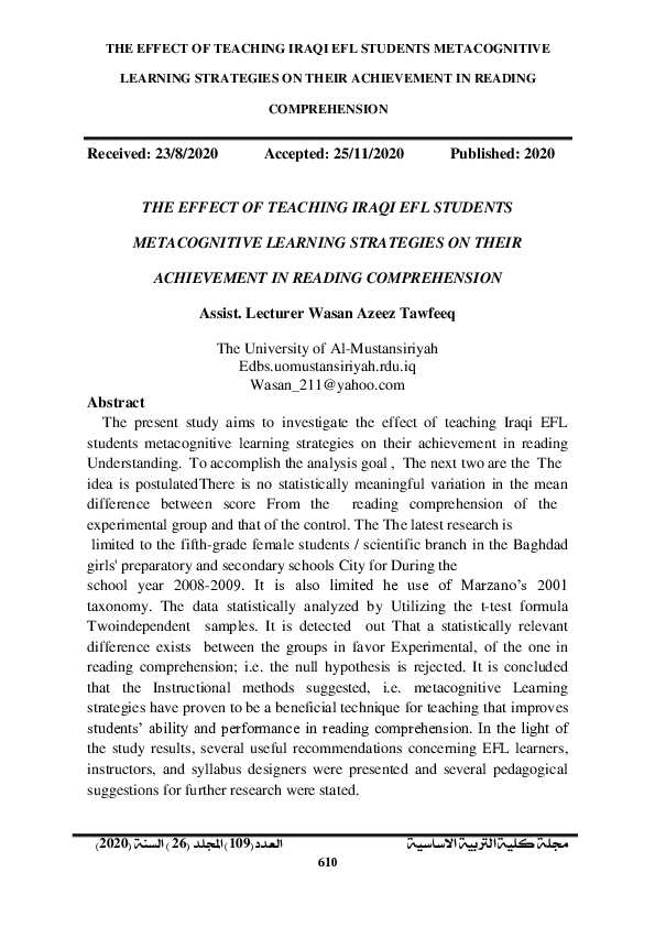 (PDF) The Effect of Teaching Iraqi Efl Students Metacognitive Learning Strategies on Their ...