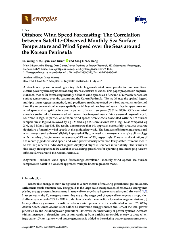 (PDF) Offshore Wind Speed Forecasting: The Correlation between Satellite-Observed Monthly Sea ...