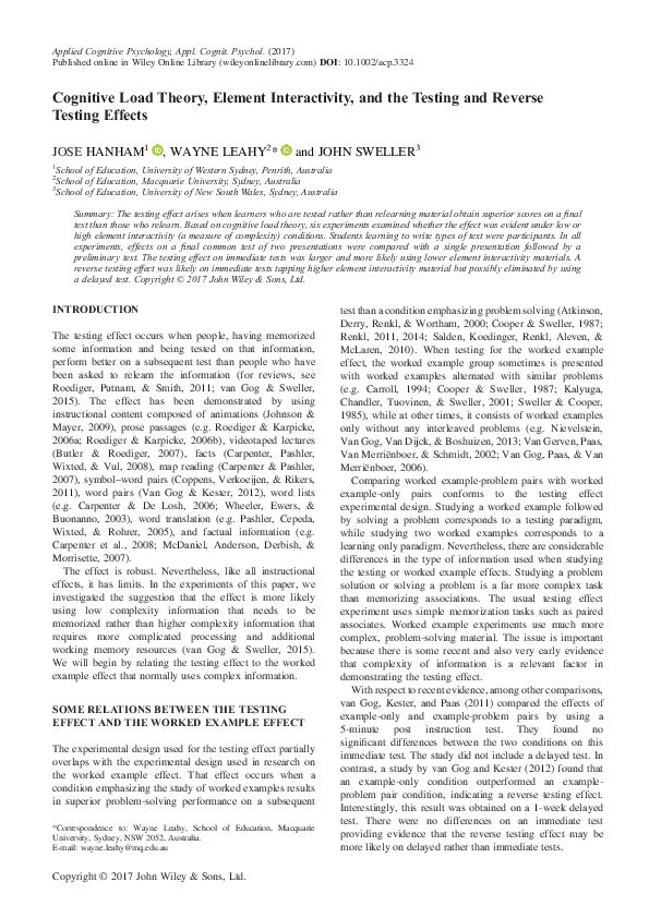 (PDF) Cognitive Load Theory, Element Interactivity, and the Testing and ...
