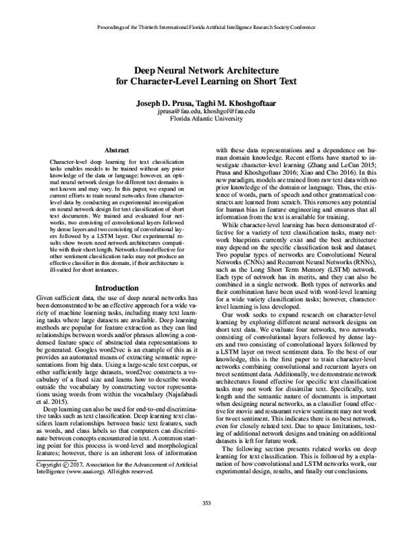 Pdf Deep Neural Network Architecture For Character Level Learning On