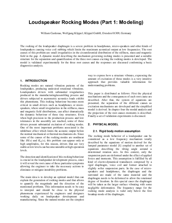 (PDF) Loudspeaker Rocking Modes (Part 1: Modeling)