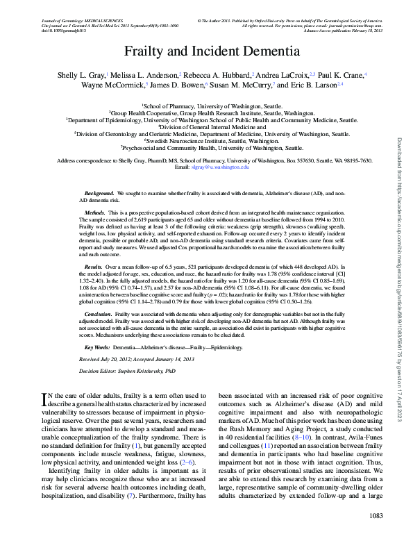 (PDF) Frailty and Incident Dementia