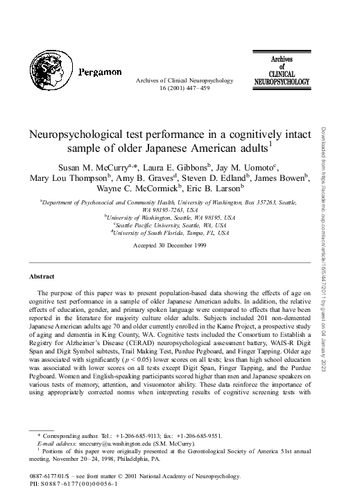 (PDF) Neuropsychological test performance in a cognitively intact ...