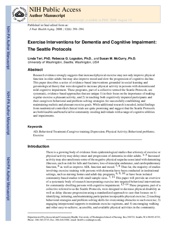 (PDF) Exercise interventions for dementia and cognitive impairment: The Seattle Protocols