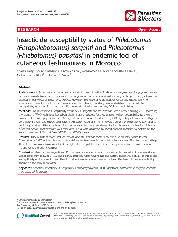 (PDF) Insecticide susceptibility status of Phlebotomus (Paraphlebotomus) sergenti and ...