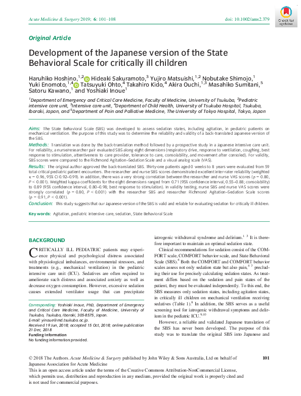 (PDF) Development of the Japanese version of the State Behavioral Scale ...