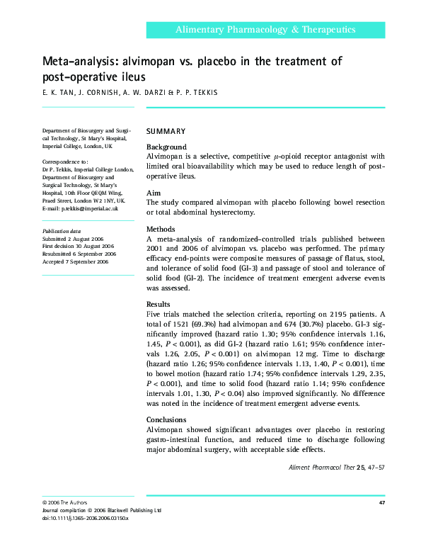(PDF) Meta-analysis: alvimopan vs. placebo in the treatment of post ...