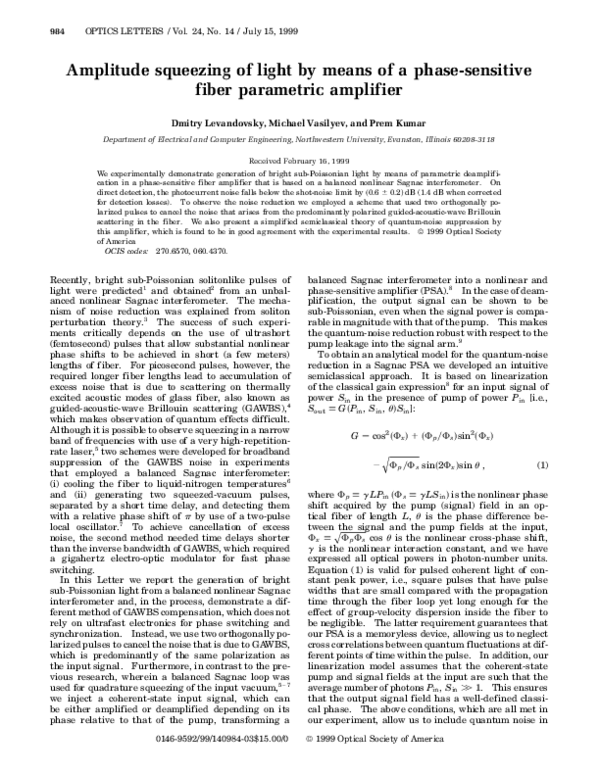 (PDF) Amplitude squeezing of light by means of a phase-sensitive fiber parametric amplifier
