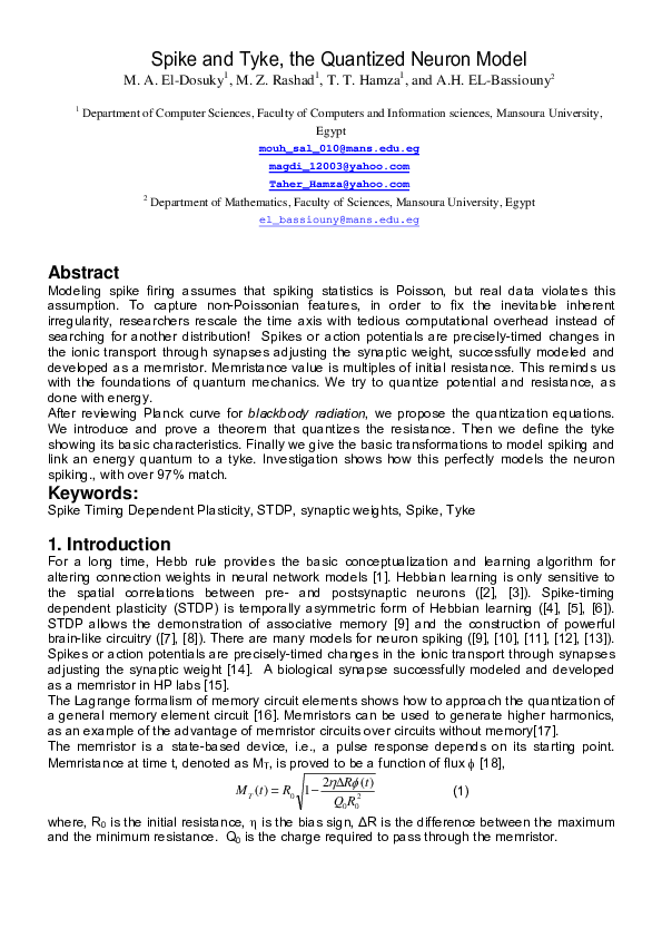 (PDF) Spike and Tyke, the Quantized Neuron Model