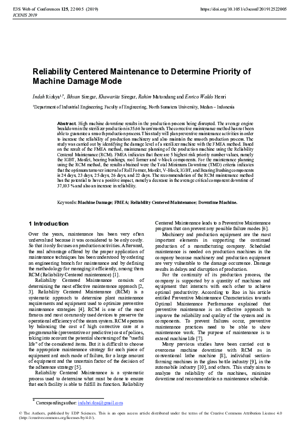 (PDF) Reliability Centered Maintenance to Determine Priority of Machine Damage Mode