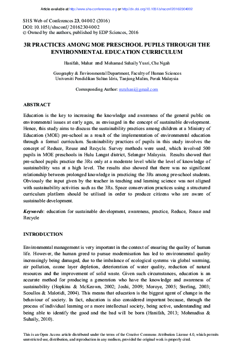 (PDF) 3R Practices Among Moe Preschool Pupils through the Environmental ...